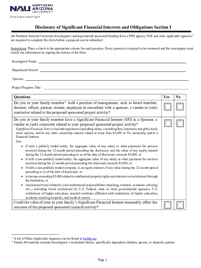 Fillable Online Disclosure of Significant Financial Interests in Sponsored Projects Fax Email ...