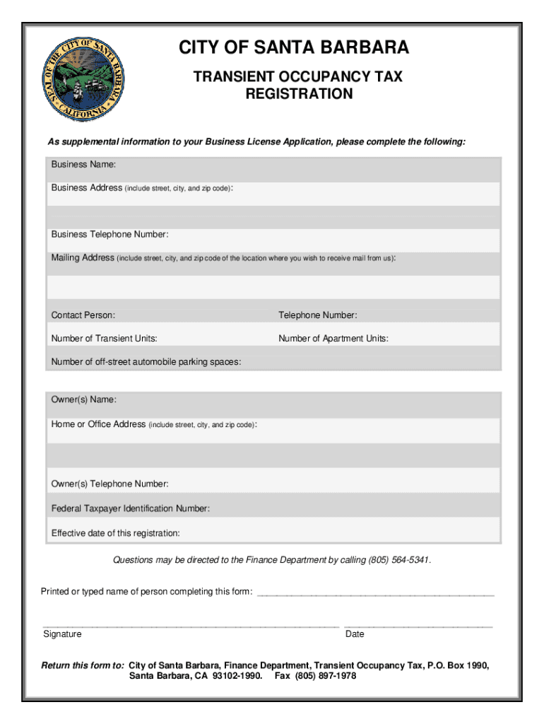 Fillable Online TRANSIENT OCCUPANCY TAX APPLICATION FOR ... Fax Email ...