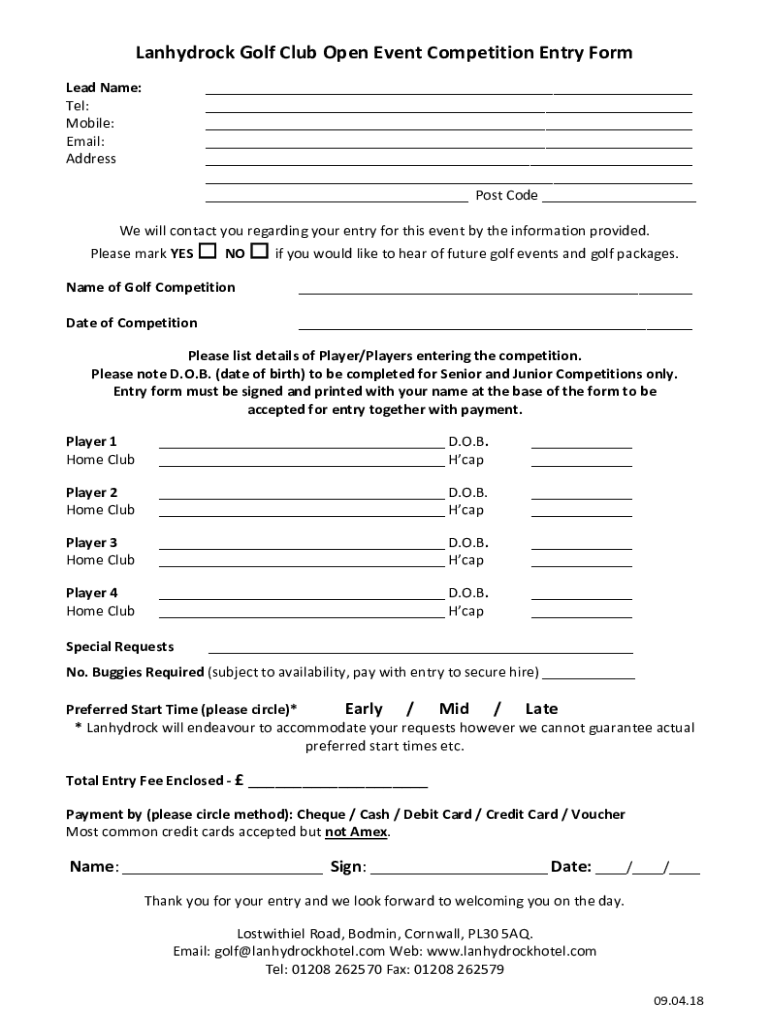 Fillable Online Lanhydrock Golf Club Open Event Competition Entry Form ...