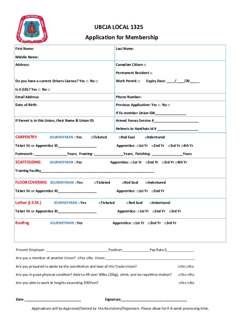 Fillable Online UBCJA LOCAL 1325 Application for Membership Fax Email ...