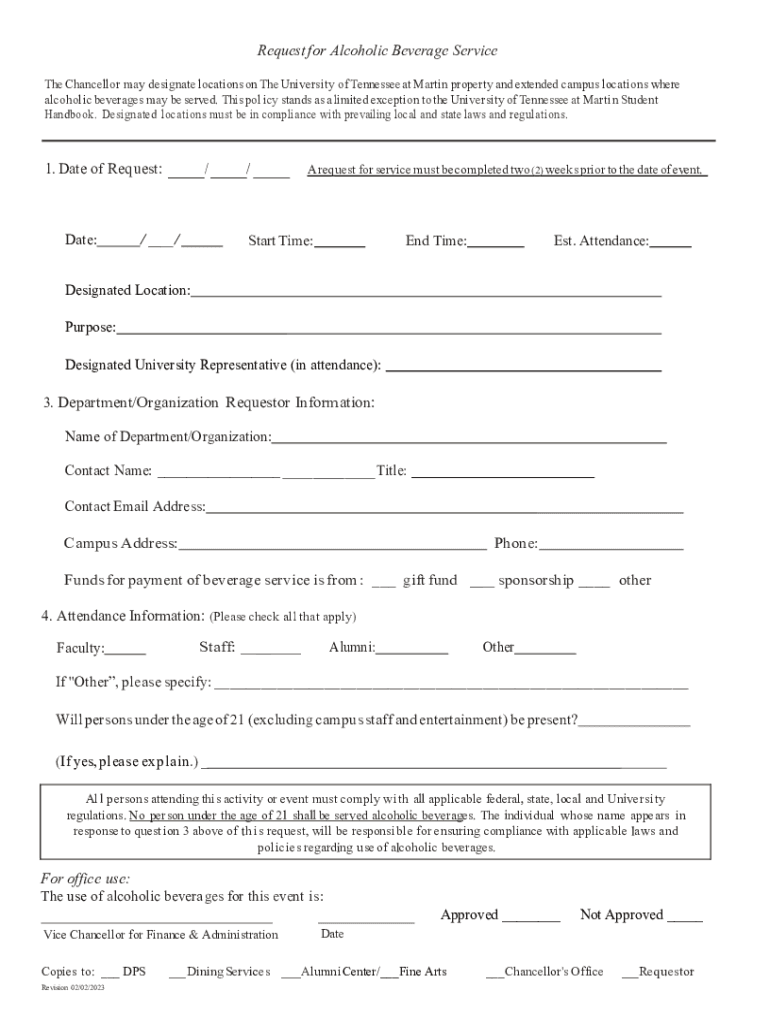 Fillable Online Request for Alcoholic Beverage Service 1. Date of ...