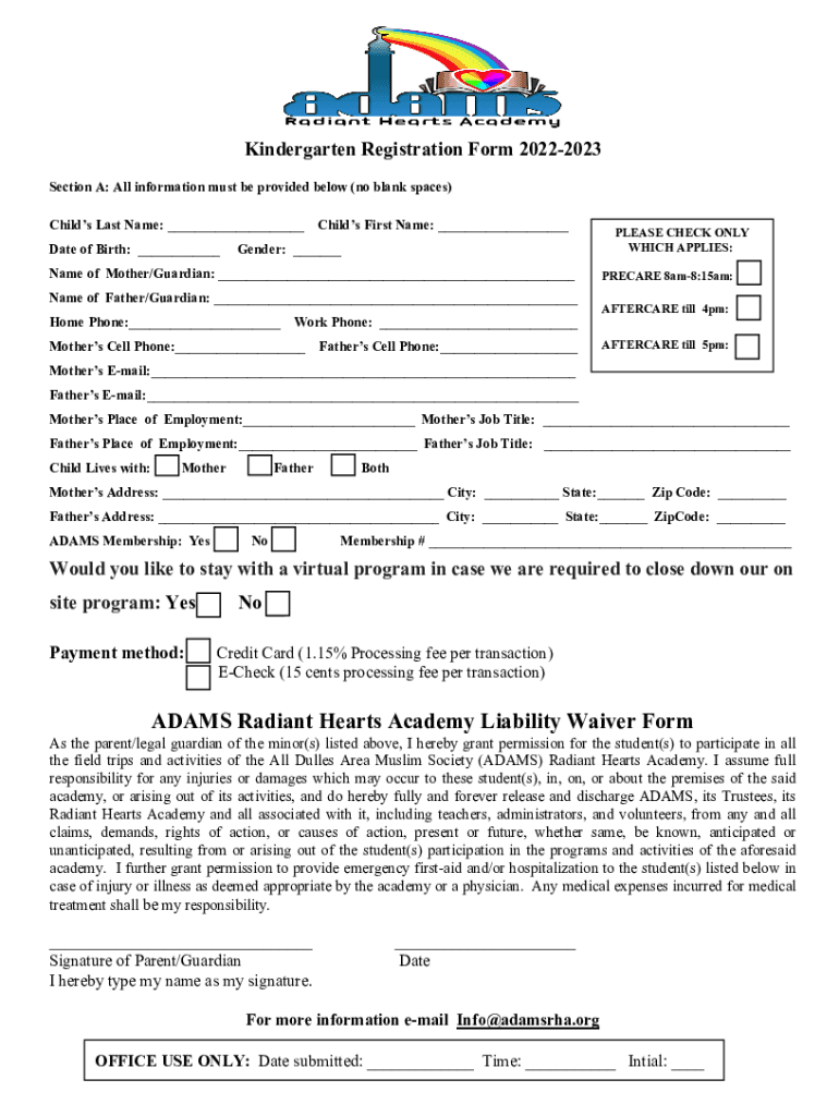 Fillable Online Kindergarten Registration Form 2022-2023 Fax Email ...