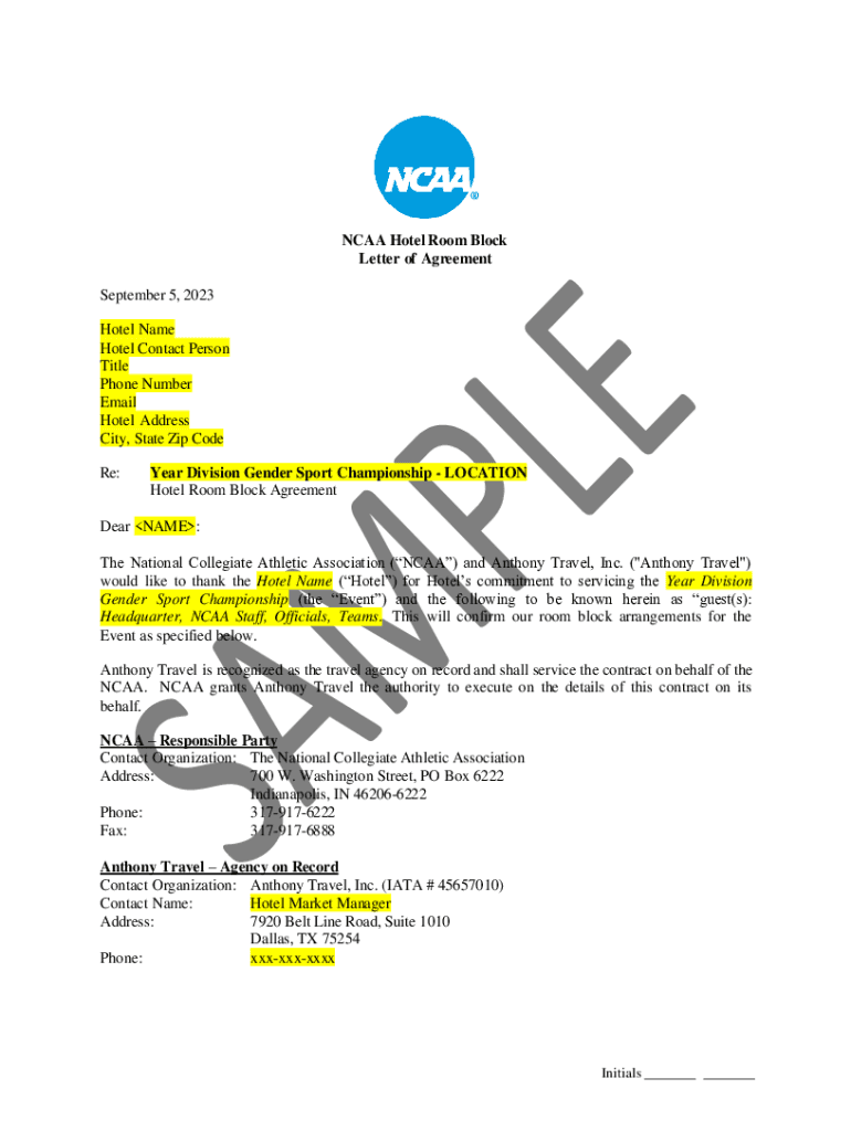 Fillable Online NCAA Hotel Room Block Letter of Agreement September 5 ...