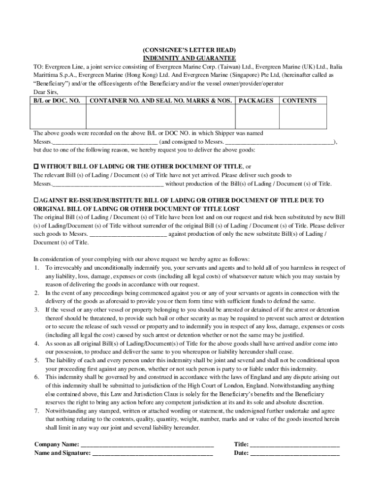 Fillable Online LETTER OF INDEMNITY FOR REQUESTING SHIPMENT ... Fax ...