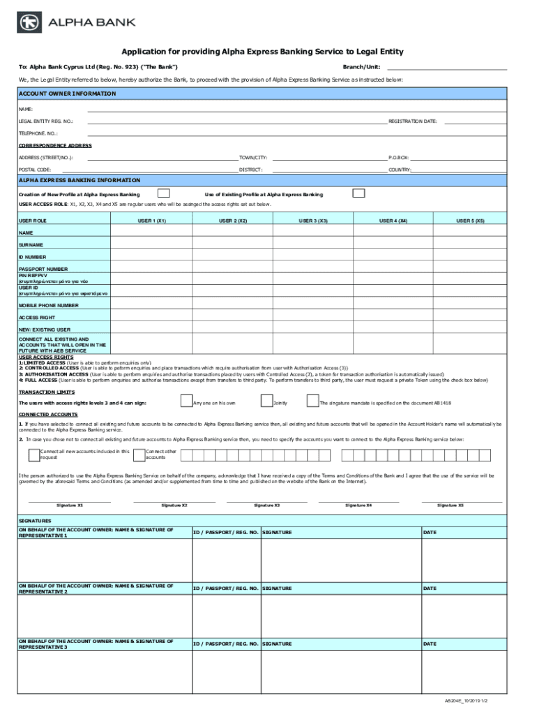 Fillable Online Application for providing Alpha Express Banking Service ...