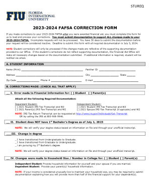 Fillable Online 2023-2024 FAFSA CORRECTION FORM Fax Email Print - pdfFiller