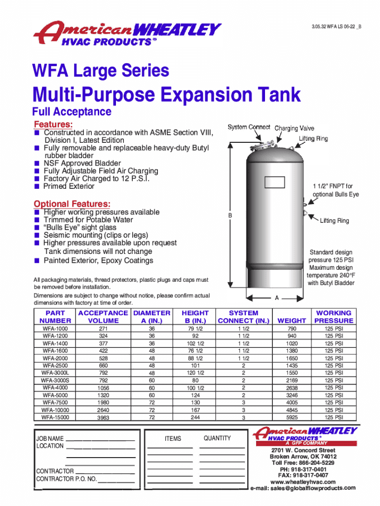 Fillable Online American Wheatlet HVAC Full Acceptance Exapansion Tanks .WFA LS. American ...