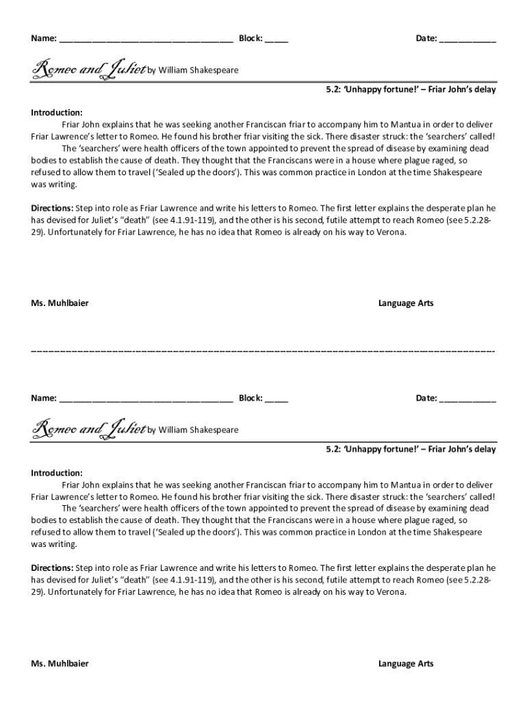 Fillable Online Act 5 Scene 2 - No Fear Shakespeare: Romeo and Juliet ...