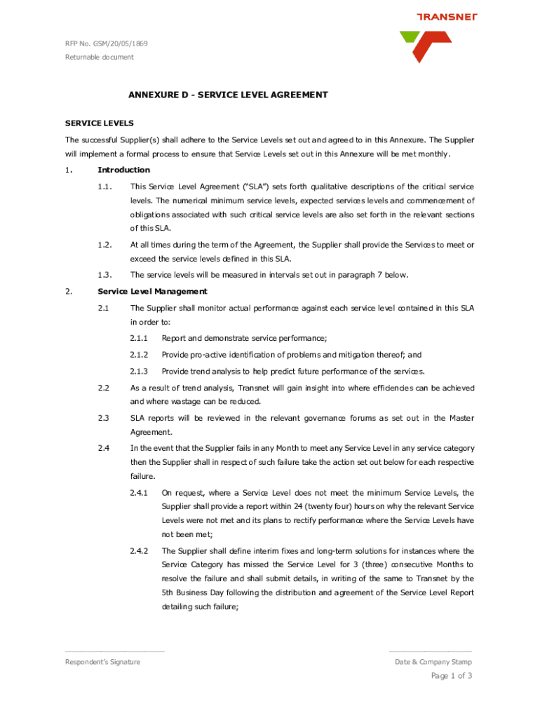 Fillable Online ANNEXURE D - SERVICE LEVEL AGREEMENT Fax Email Print ...