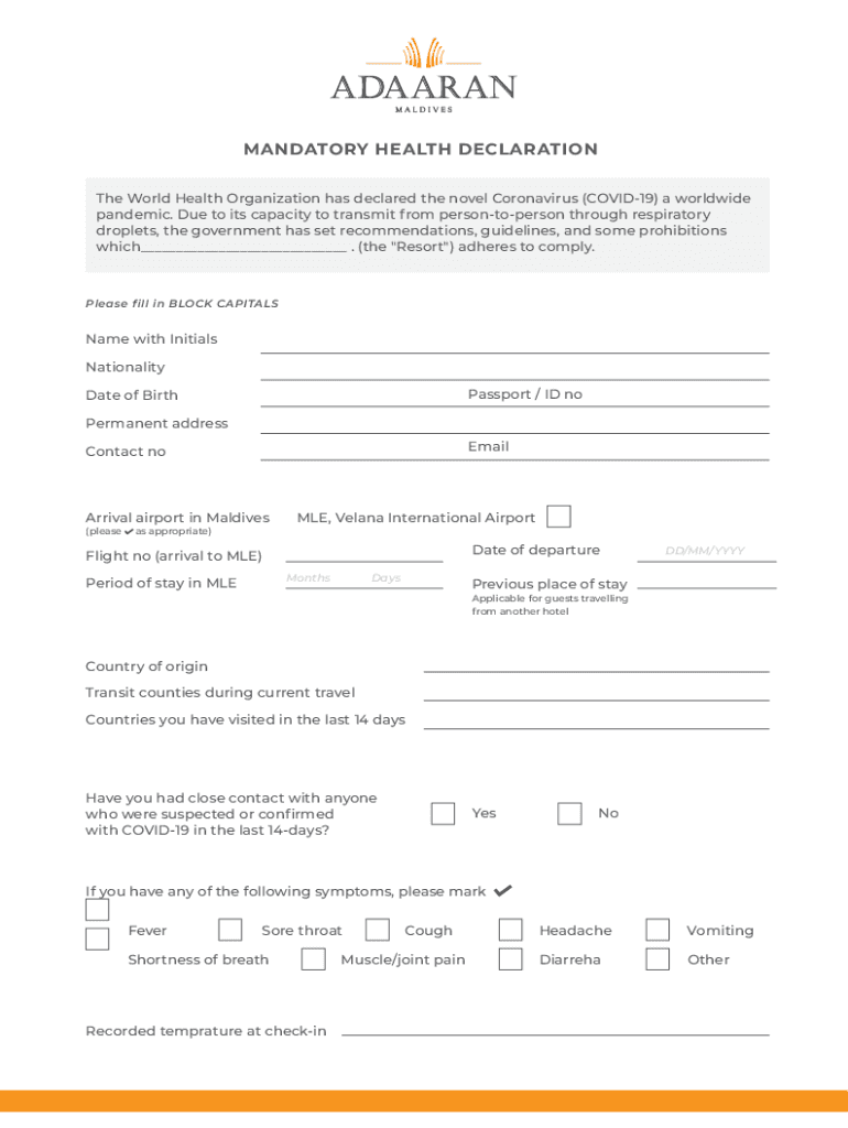 Fillable Online Health Declaration Form Adaaran Fax Email Print - pdfFiller