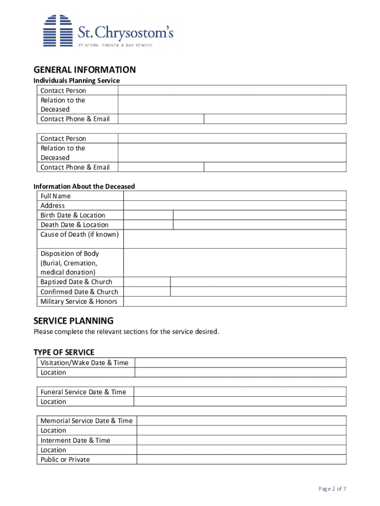 Fillable Online Funerals and Burials - St. Paul's Episcopal Church Fax Email Print - pdfFiller