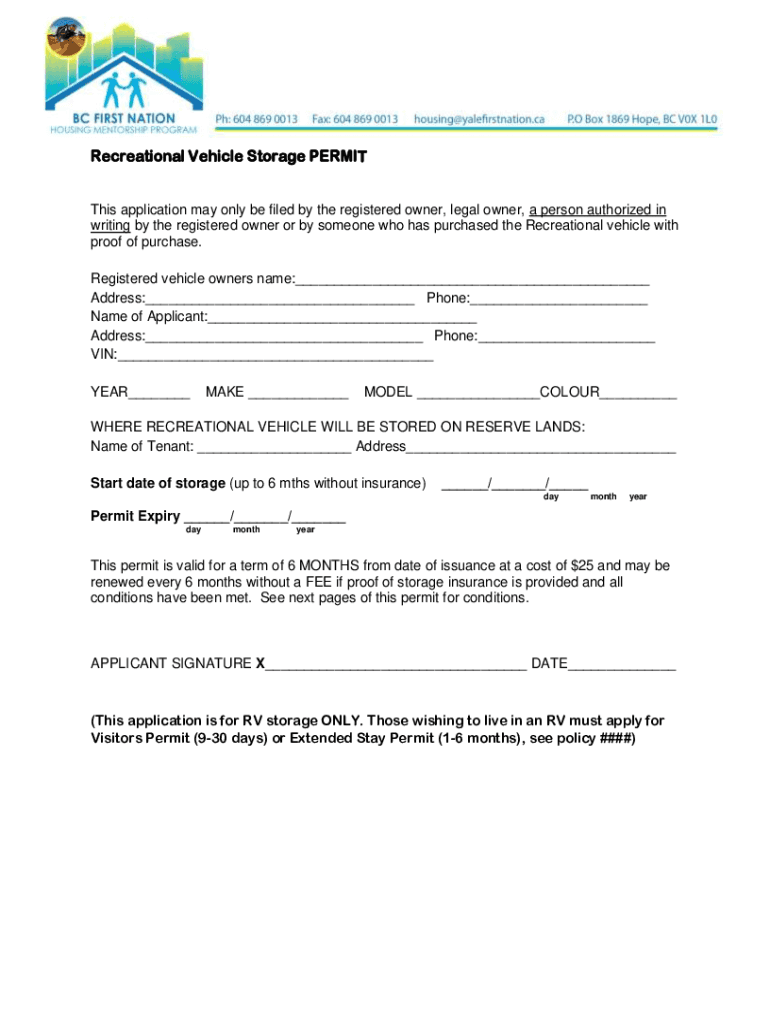 Fillable Online Recreational Vehicle Storage PERMIT Fax Email Print ...