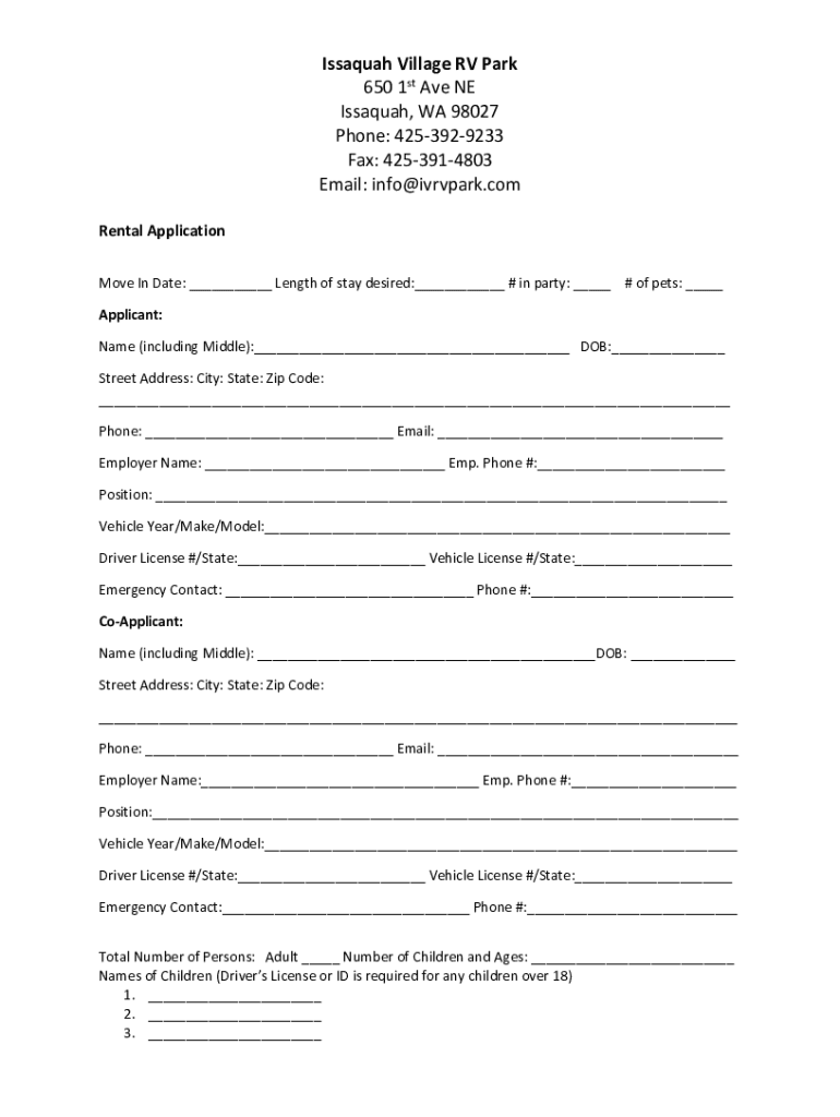 Fillable Online Issaquah Village R.v. Park - 650 1st Ave NE Issaquah, WA Fax Email Print - pdfFiller