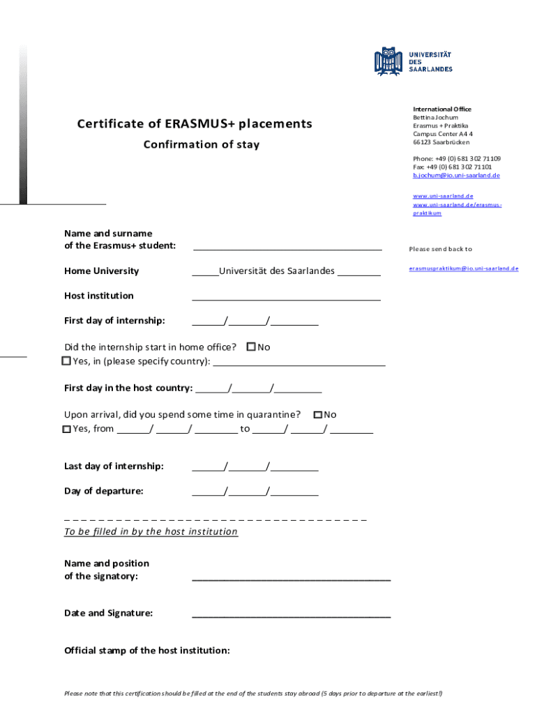 Fillable Online Certificate of ERASMUS+ placements Fax Email Print ...