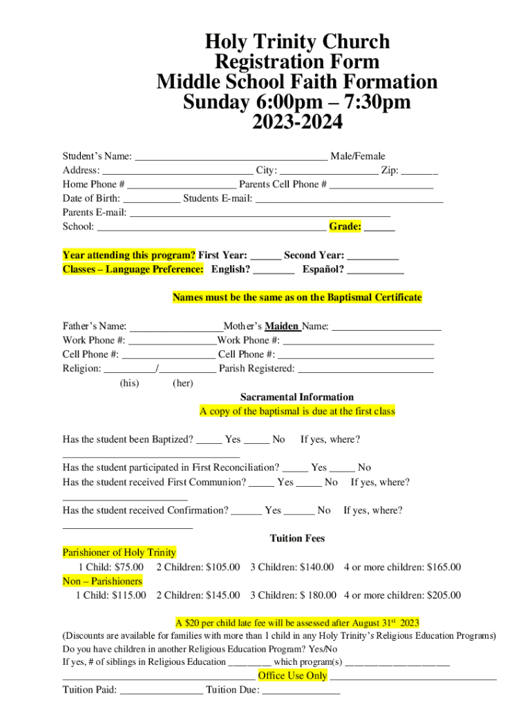 Fillable Online Holy Trinity Church Registration Form Middle School ...