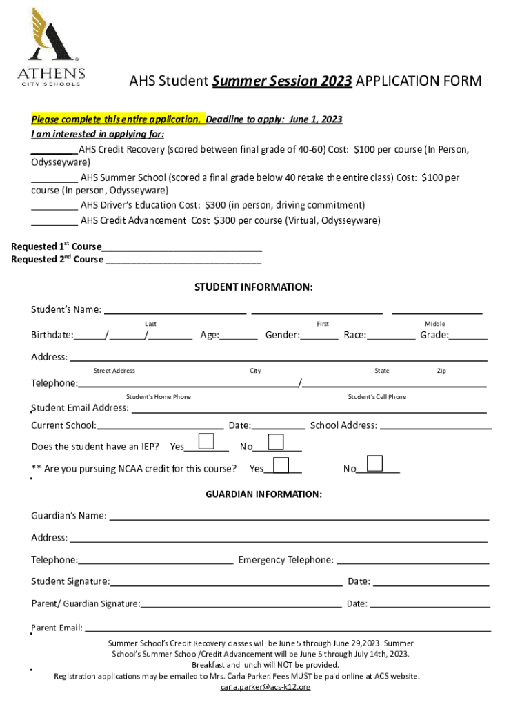 Fillable Online AHS Student Summer Session 2023 APPLICATION FORM Fax ...