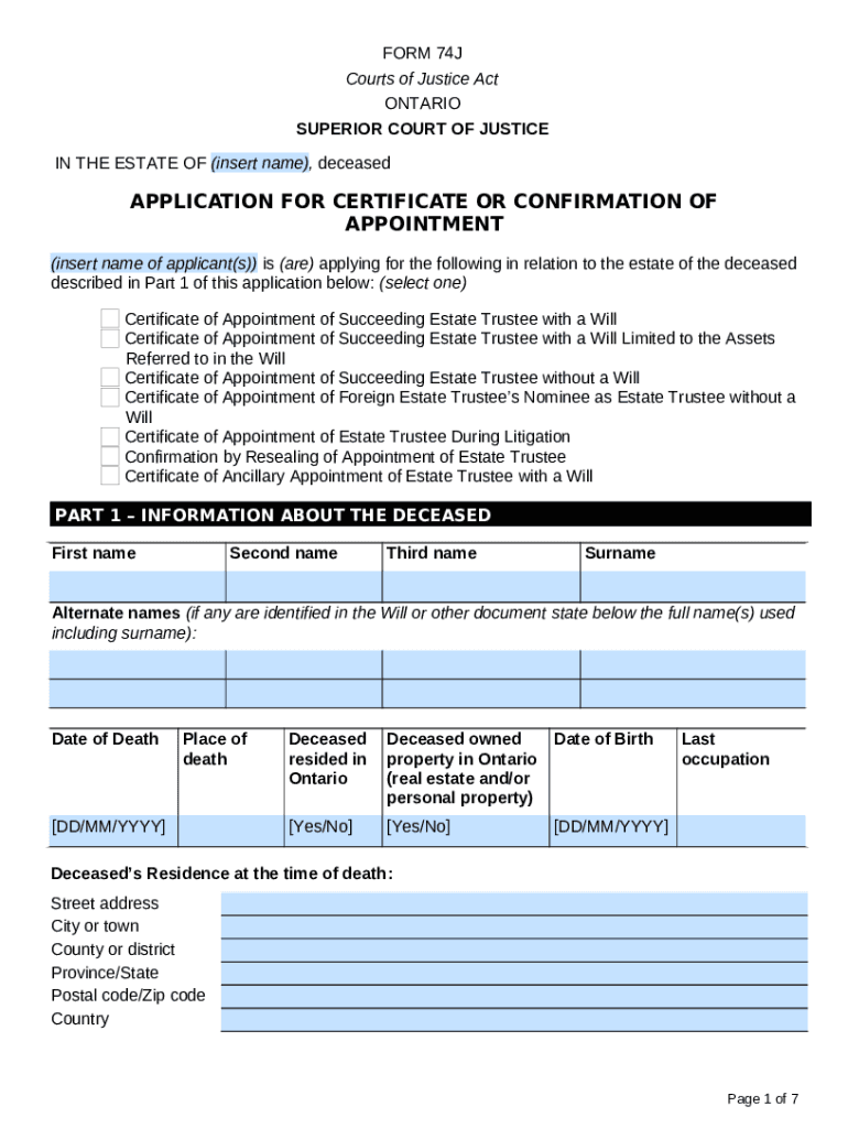 RCP-E 74J. Application for Certificate or Confirmation of Appointment ...