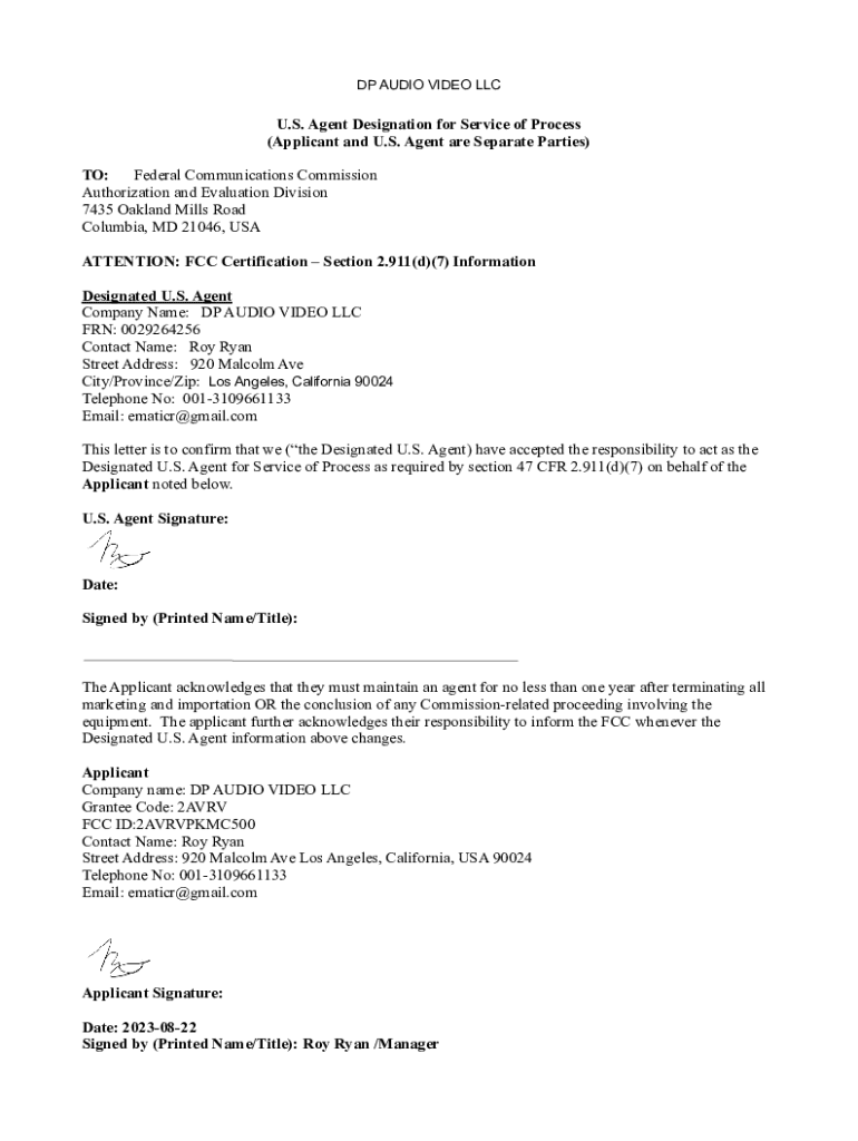 Fillable Online U.S. Agent Designation for Service of Process ...