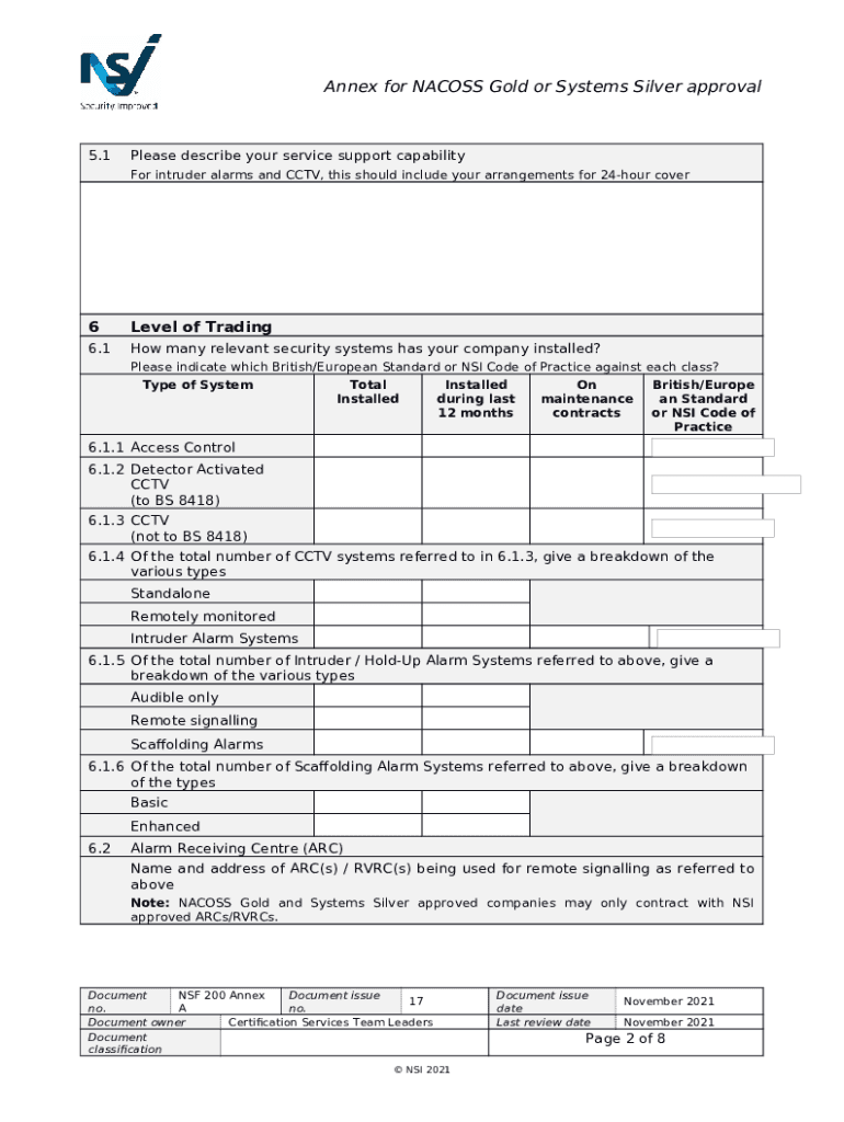 NACOSS Gold / Systems Silver application checklist Doc Template | pdfFiller