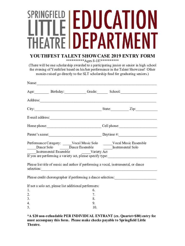 Fillable Online Youthfest Talent Showcase 2019 Entry Form Fax Email ...