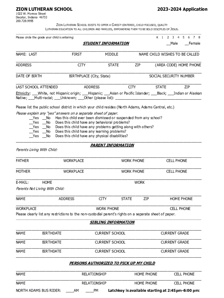 Fillable Online Zion Decatur School K-8 Registration Application - 2023 ...