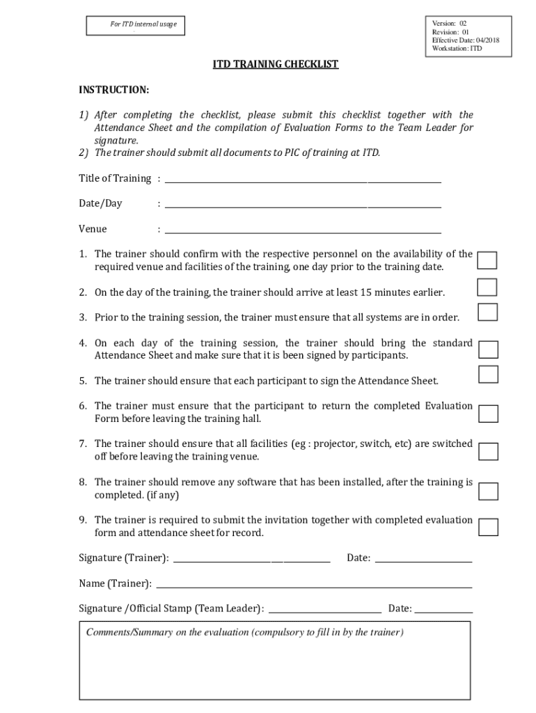 Fillable Online ITD TRAINING CHECKLIST INSTRUCTION Fax Email Print ...