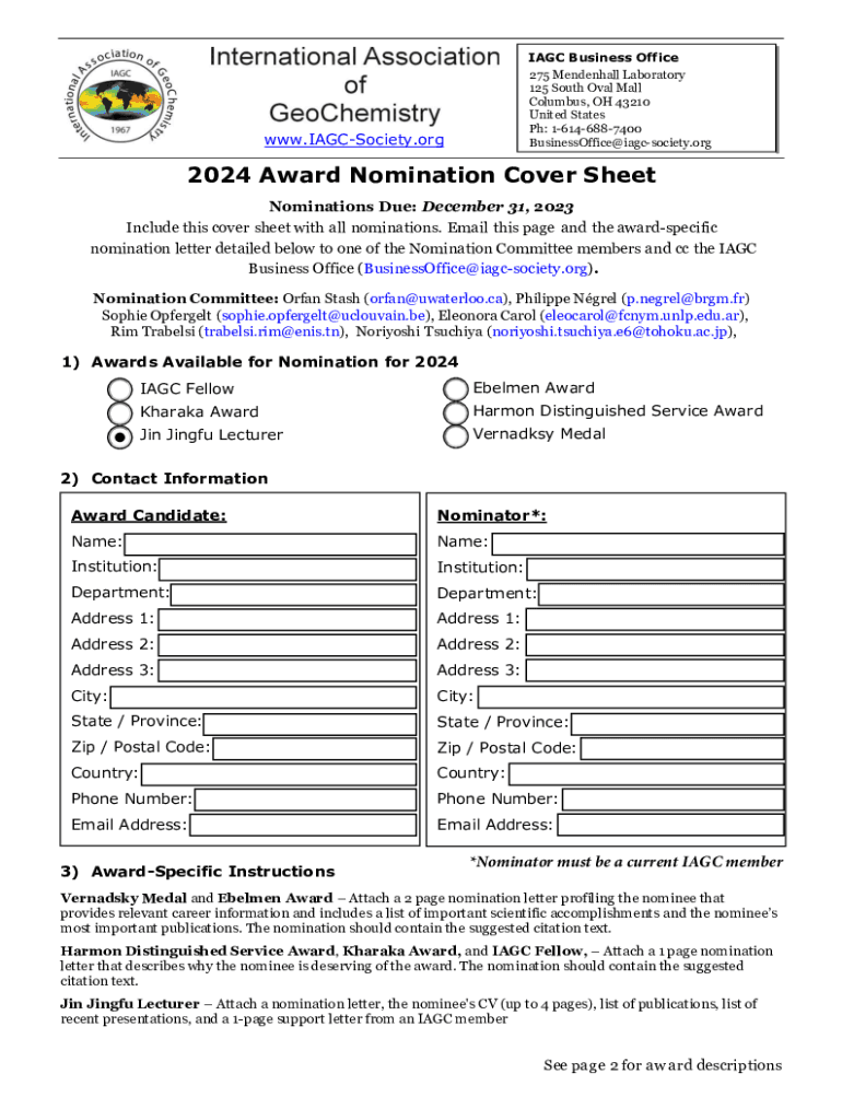 Fillable Online 2024 Award Nomination Cover Sheet Fax Email Print ...