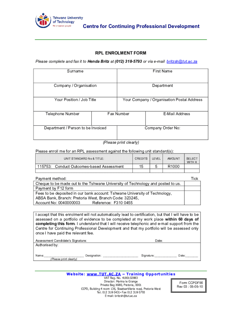 Fillable Online jupiter tut ac Form CCPDF56 RPL Enrolment Form.doc Fax Email Print - pdfFiller