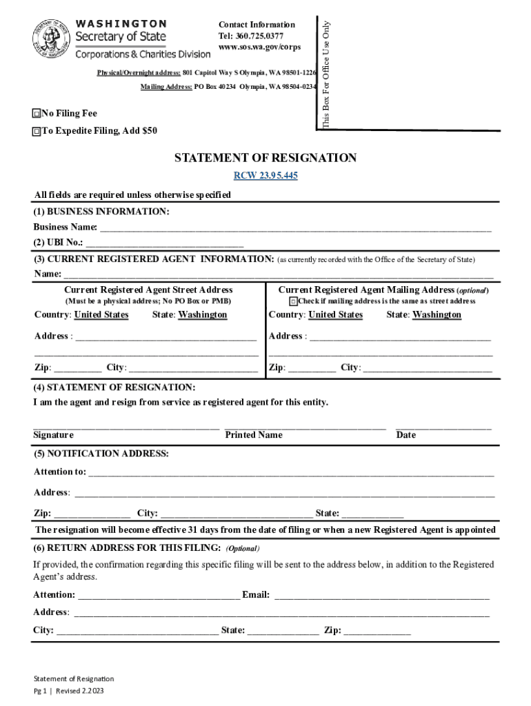 Fillable Online INSTRUCTIONS: STATEMENT OF RESIGNATION RCW 23 Fax Email ...