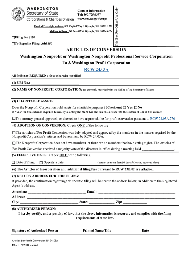 Fillable Online INSTRUCTIONS: ARTICLES OF CONVERSION NONPROFIT TO FOR ...