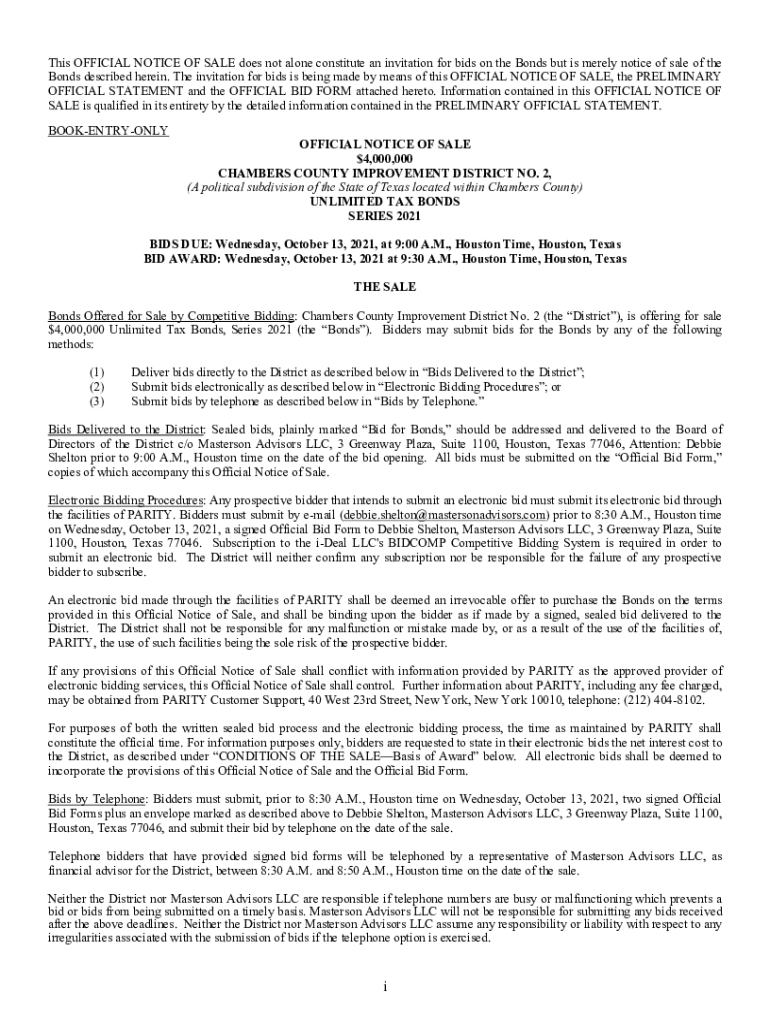 Fillable Online OFFICIAL STATEMENT and the OFFICIAL BID FORM attached ...