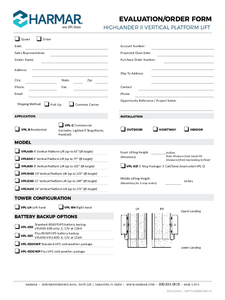 Fillable Online HIGHLANDER II VERTICAL PLATFORM LIFT Fax Email Print ...