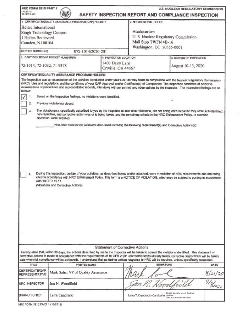 Fillable Online NRC Form 591S - Safety Inspection Report and Compliance ...