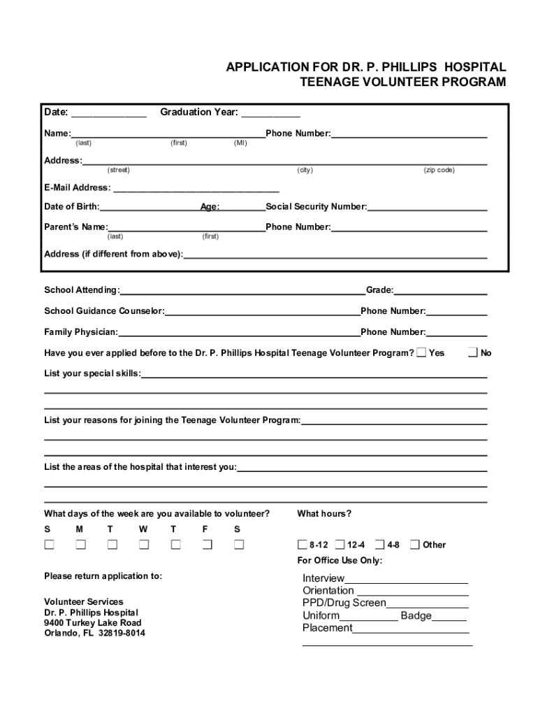 Fillable Online Orlando Health Dr. P. Phillips Hospital - Teen Volunteer Application Packet Fax ...