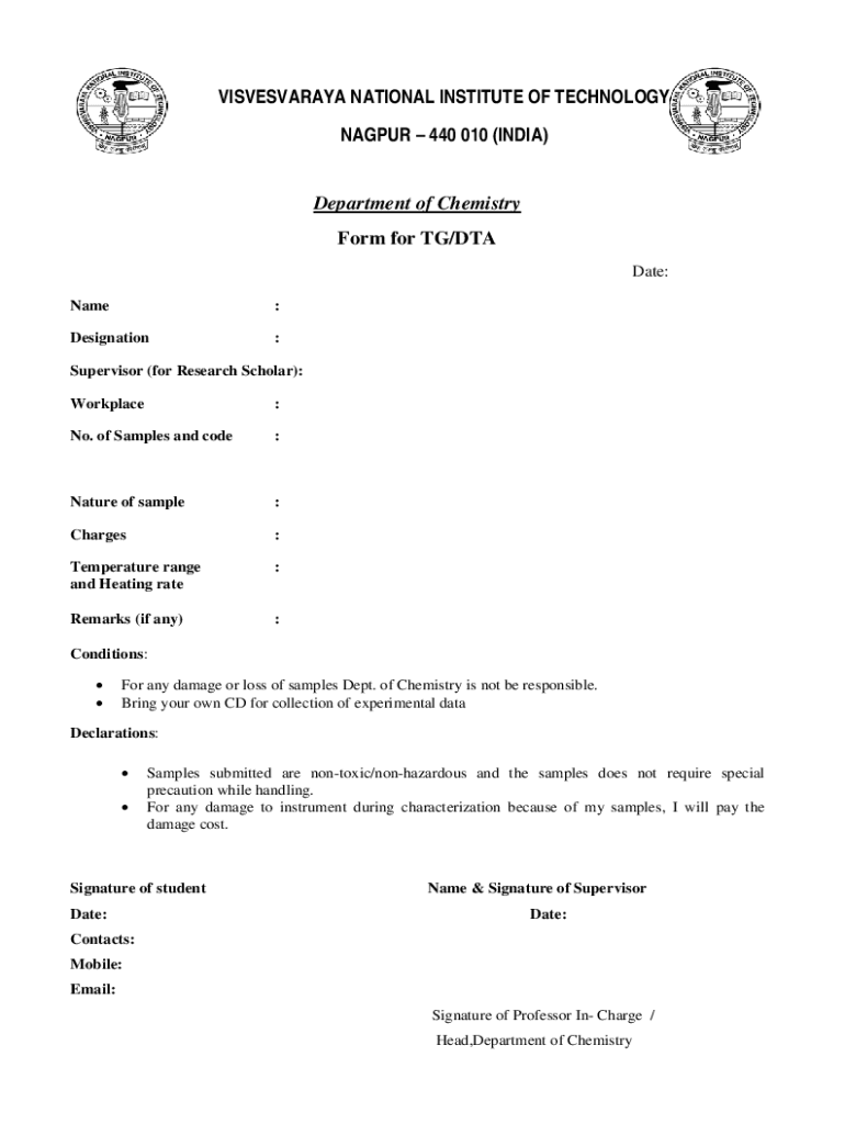 Fillable Online 440 010 (INDIA) Department of Chemistry Form for TG/DTA ...