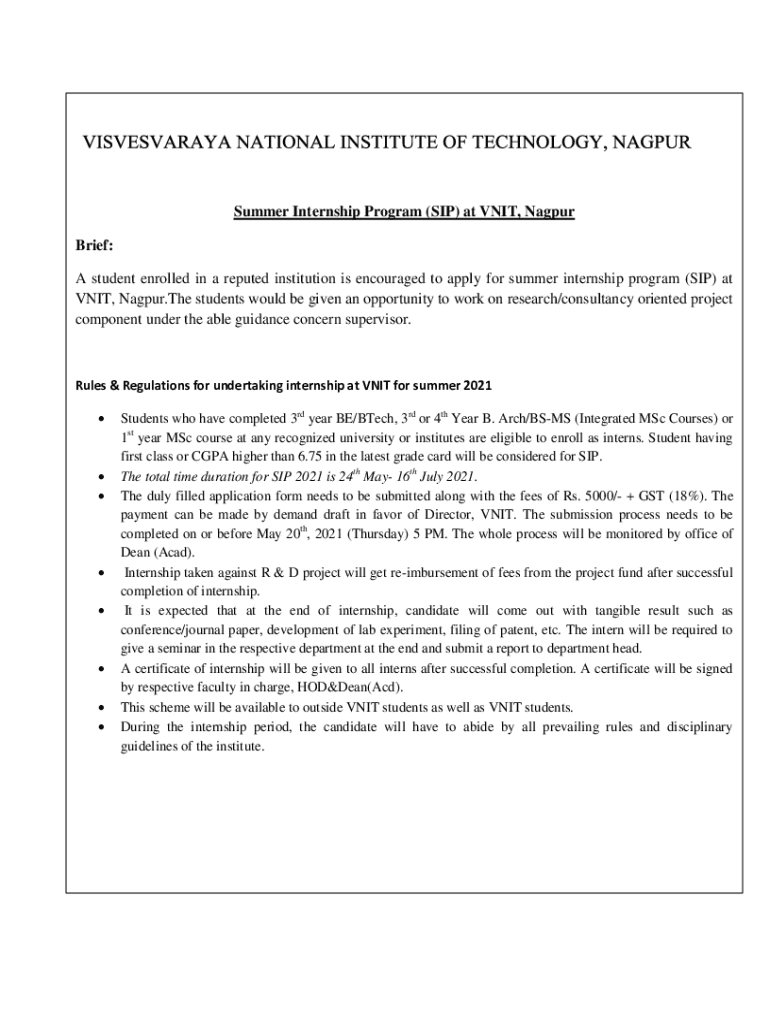Fillable Online Summer Internship Program (SIP) at VNIT, Nagpur Brief Fax Email Print - pdfFiller