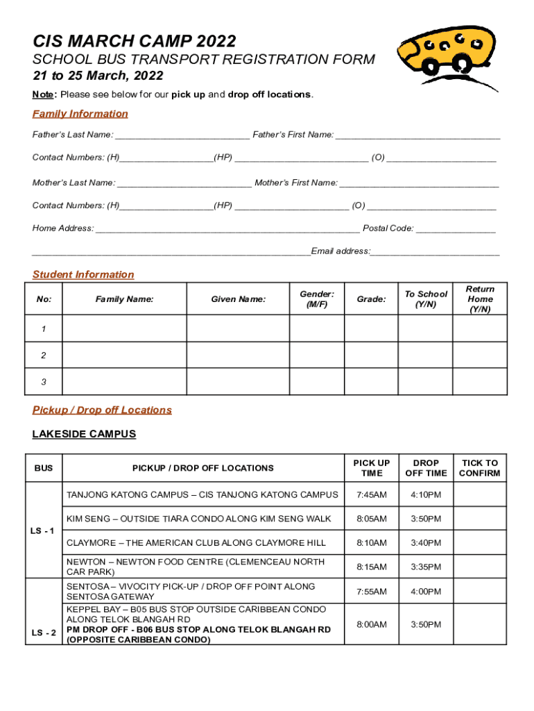 Fillable Online cis march camp 2022 - school bus transport registration ...