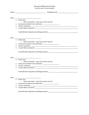 Fillable Online Norwayne Middle School Bands Practice Log- (percussion ...