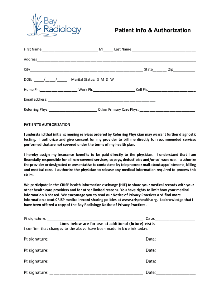 Fillable Online Patient Info & Authorization - Bay Radiology Fax Email Print - pdfFiller
