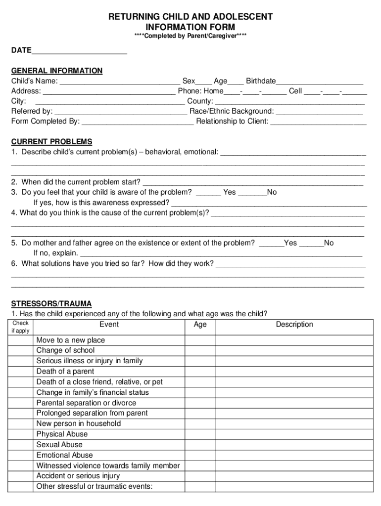 Fillable Online RETURNING CHILD AND ADOLESCENT INFORMATION FORM Fax Email Print - pdfFiller
