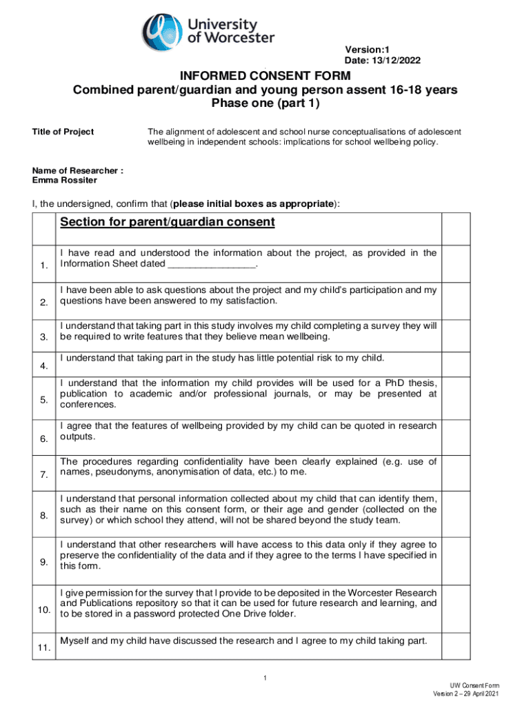 Fillable Online INFORMED CONSENT FORM Combined parent/guardian ... Fax ...