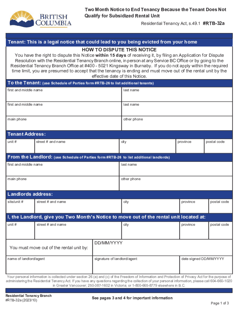 Fillable Online Two Month Notice to End Tenancy RTB Fax Email Print - pdfFiller