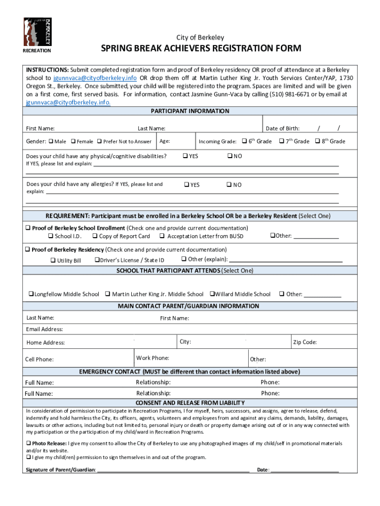 Fillable Online SPRING BREAK ACHIEVERS REGISTRATION FORM Fax Email Print - pdfFiller