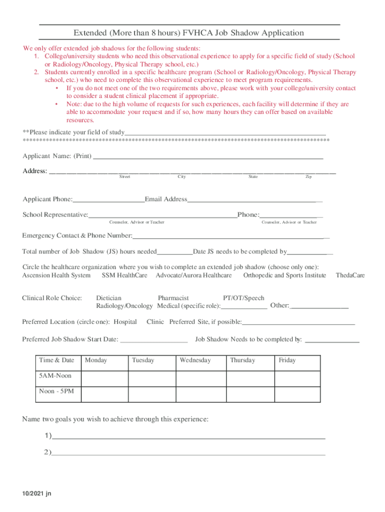 Fillable Online Extended (More than 8 hours) FVHCA Job Shadow ...