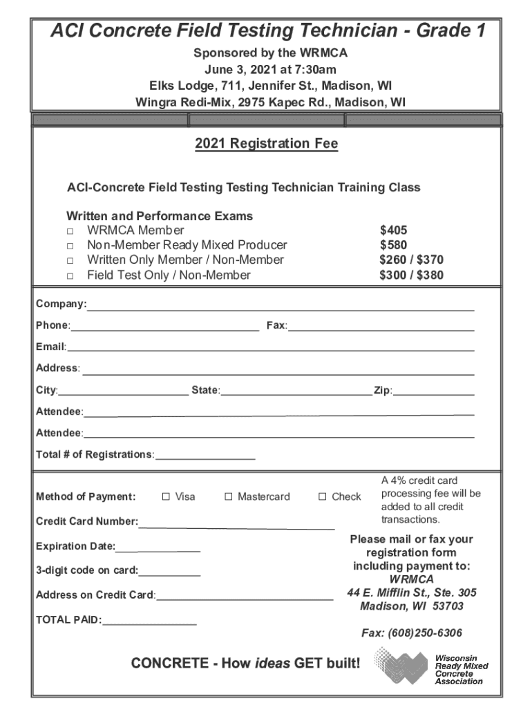 Fillable Online ACI Certification: Field Testing Technician Grade 1 ...