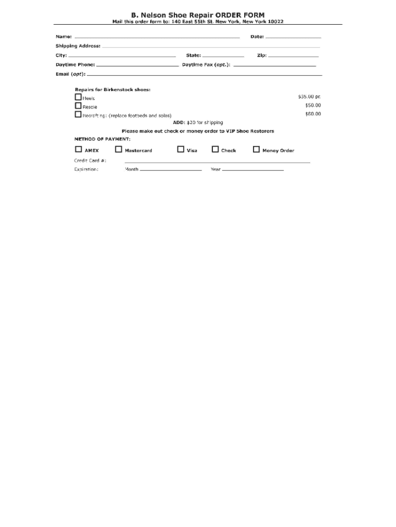 Fillable Online B. Nelson Shoe Repair ORDER FORM Fax Email Print ...