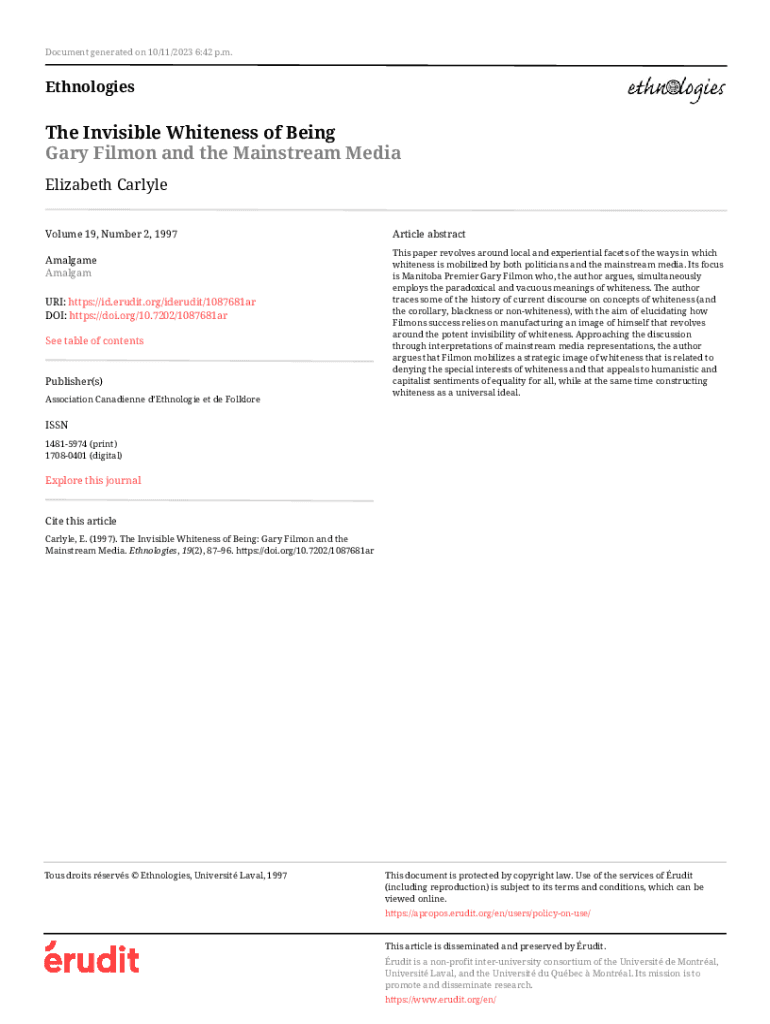Fillable Online The Invisible Whiteness of Being: Gary Filmon and the ...