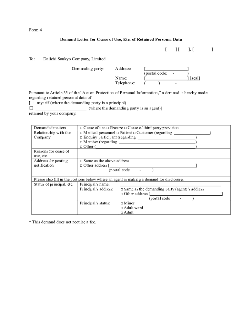 Fillable Online Form 4 Demand Letter for Cease of Use, Etc. of Retained ... Fax Email Print ...