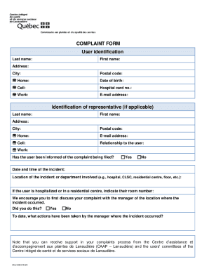 Fillable Online COMPLAINT FORM User identification Fax Email Print - pdfFiller