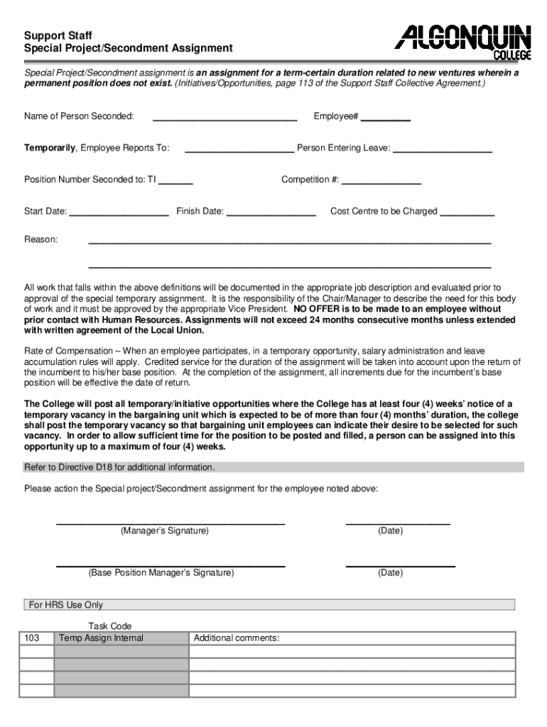 Fillable Online Support Staff Special Project/Secondment Assignment Fax ...